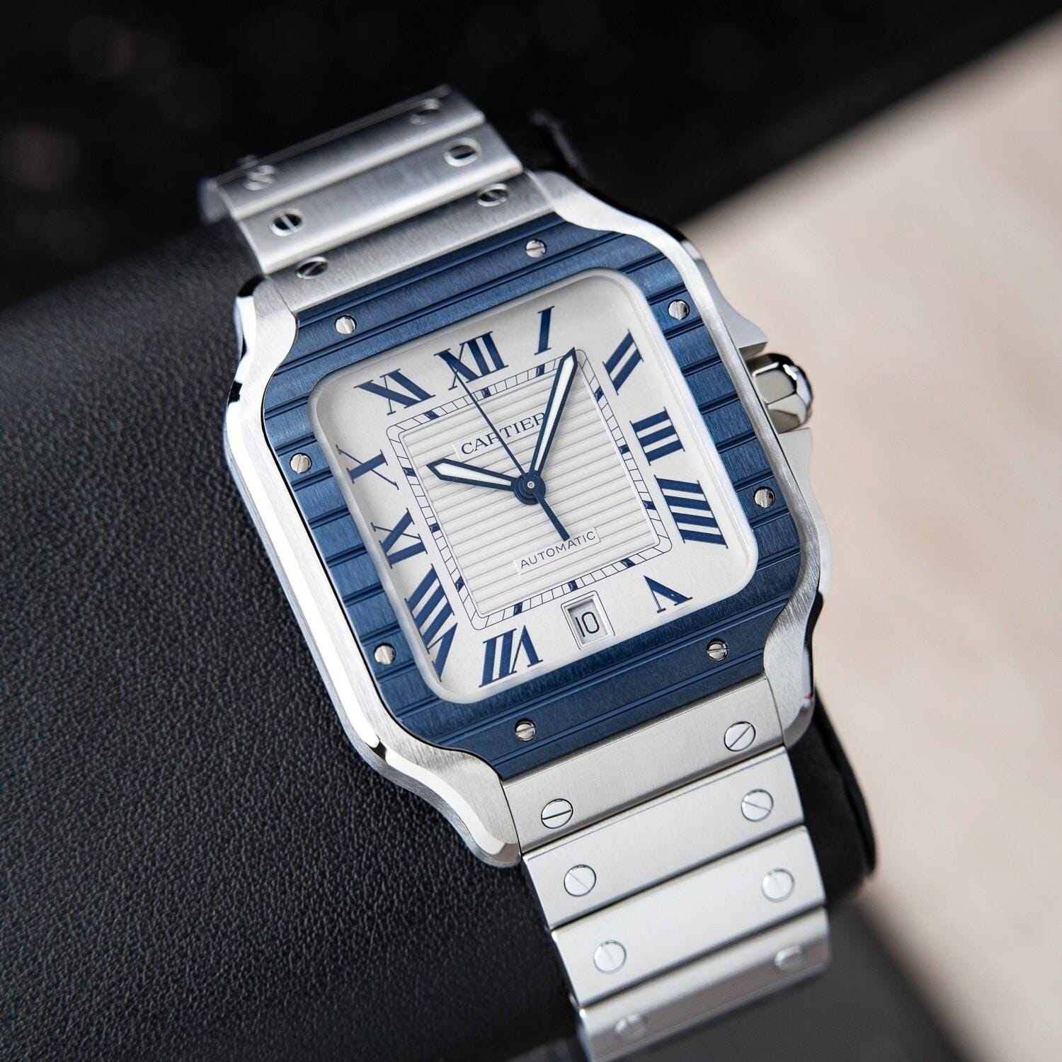 Cartier, Strap Watch, Santos De Cartier UNWORN Large Blue PVD Bezel ...
