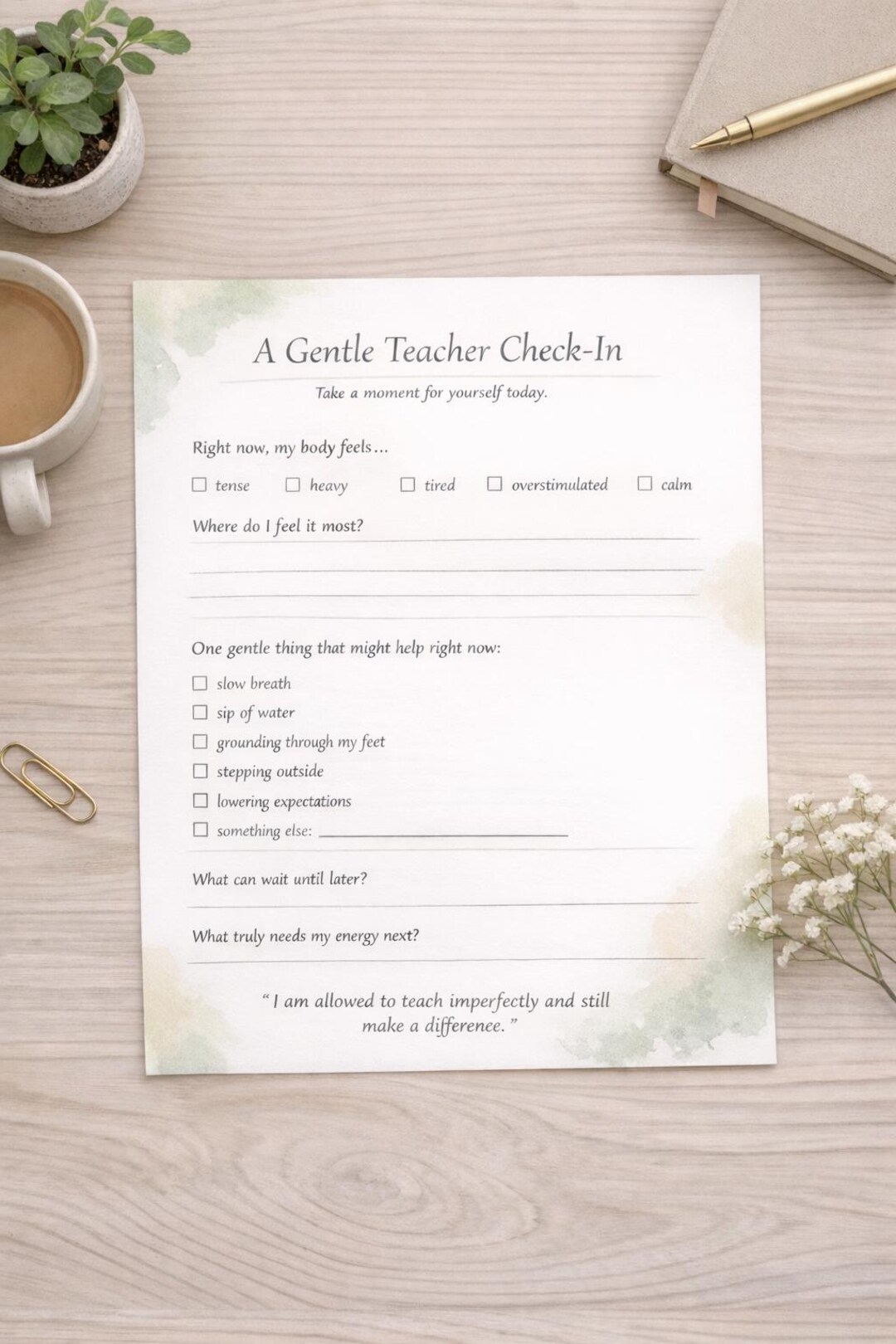 A Gentle Teacher Check-in | Printable Self-care Worksheet for Teachers ...