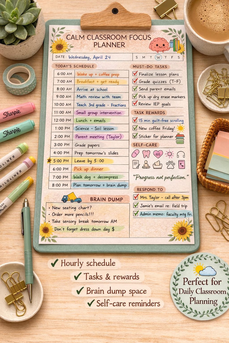 ADHD Teacher Planner Printable | Daily Focus Page for Teachers ...