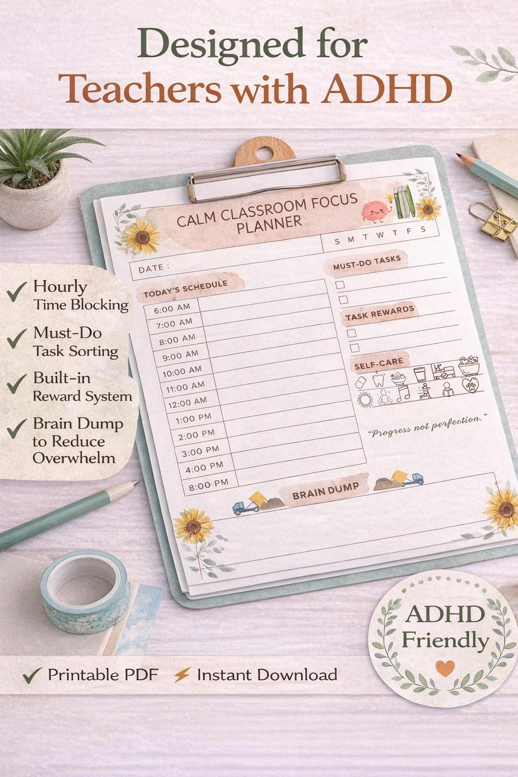 ADHD Teacher Planner Printable | Daily Focus Page for Teachers ...