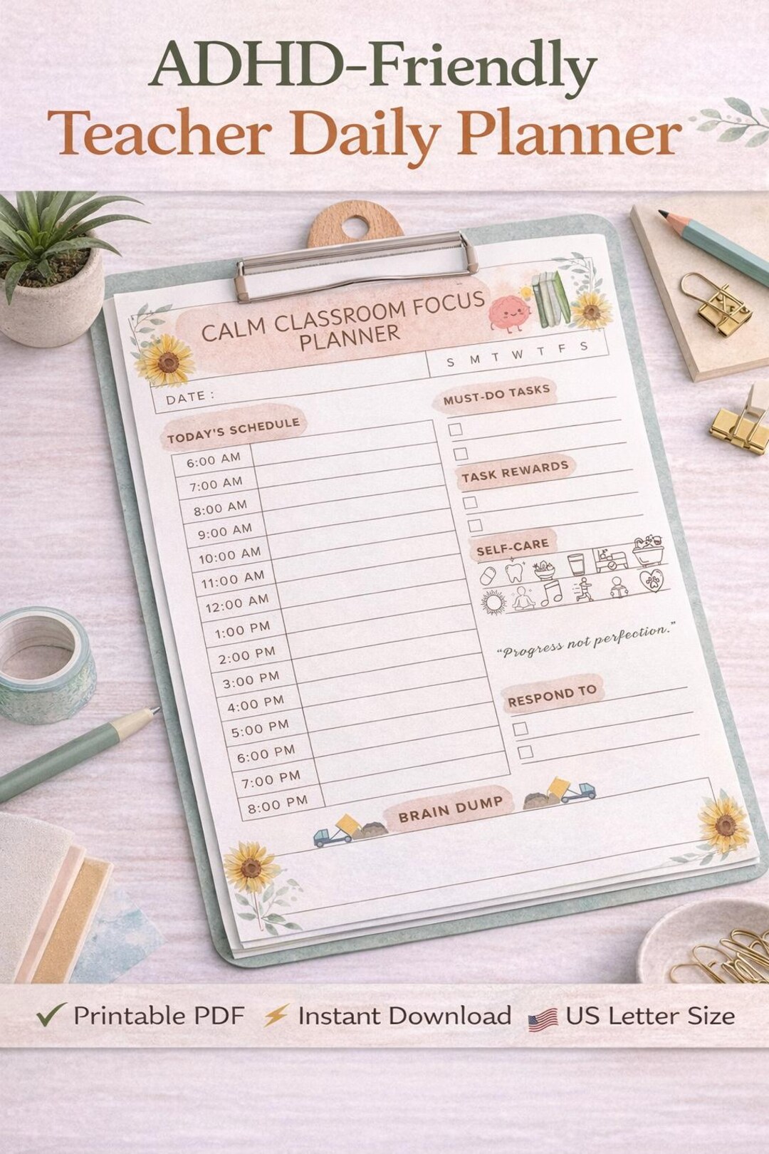 ADHD Teacher Planner Printable | Daily Focus Page for Teachers ...
