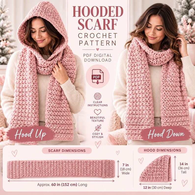 Beginner Crochet Hooded Scarf Pattern, Chunky Winter Scoodie (PDF ...