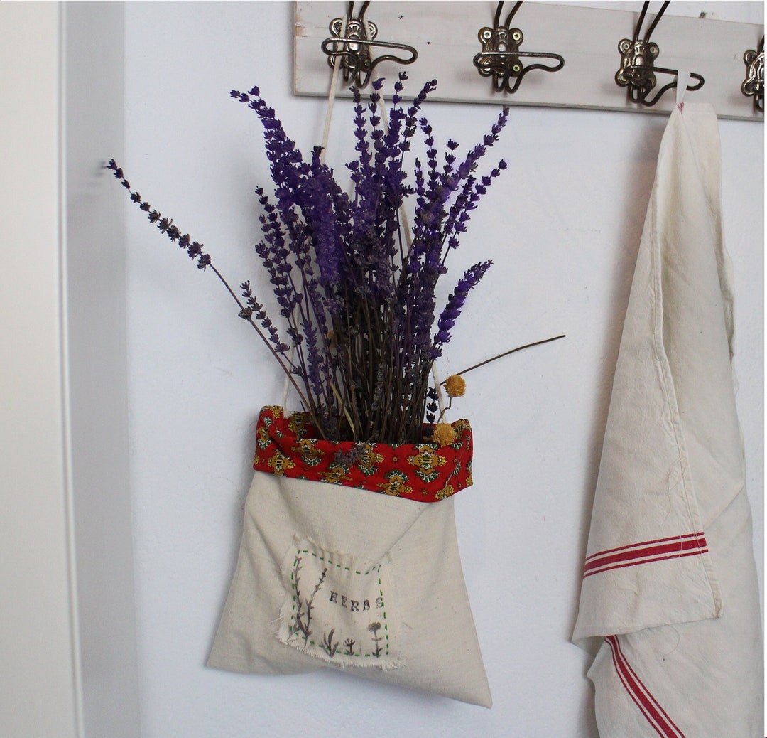 Primitive Wall Pocket Antique Linen - Upcycled Sack Bag Flower Pocket ...