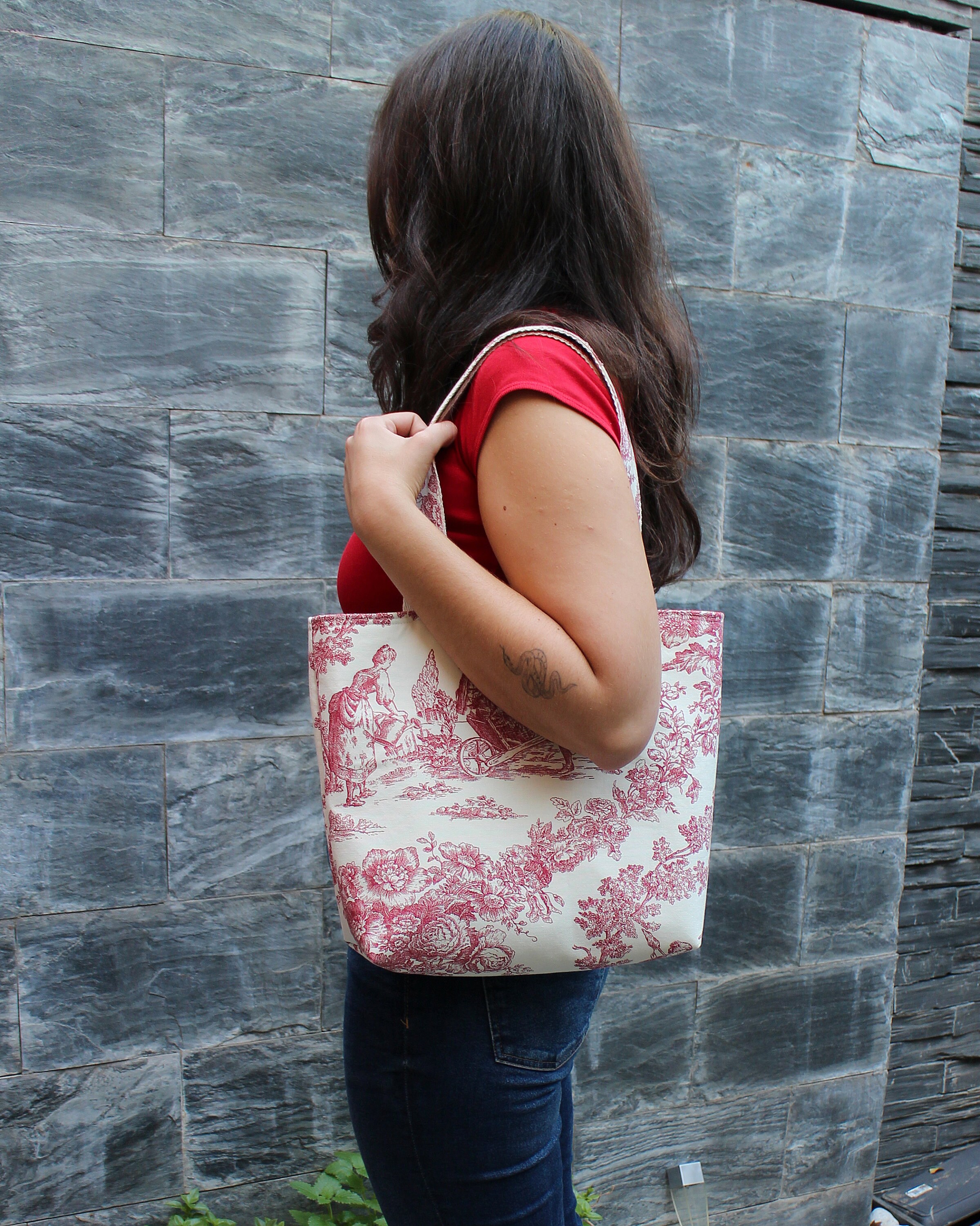 Toile Tote Bag Vintage New Fabric Crimson and Cream Toile Tote Bag Red ...