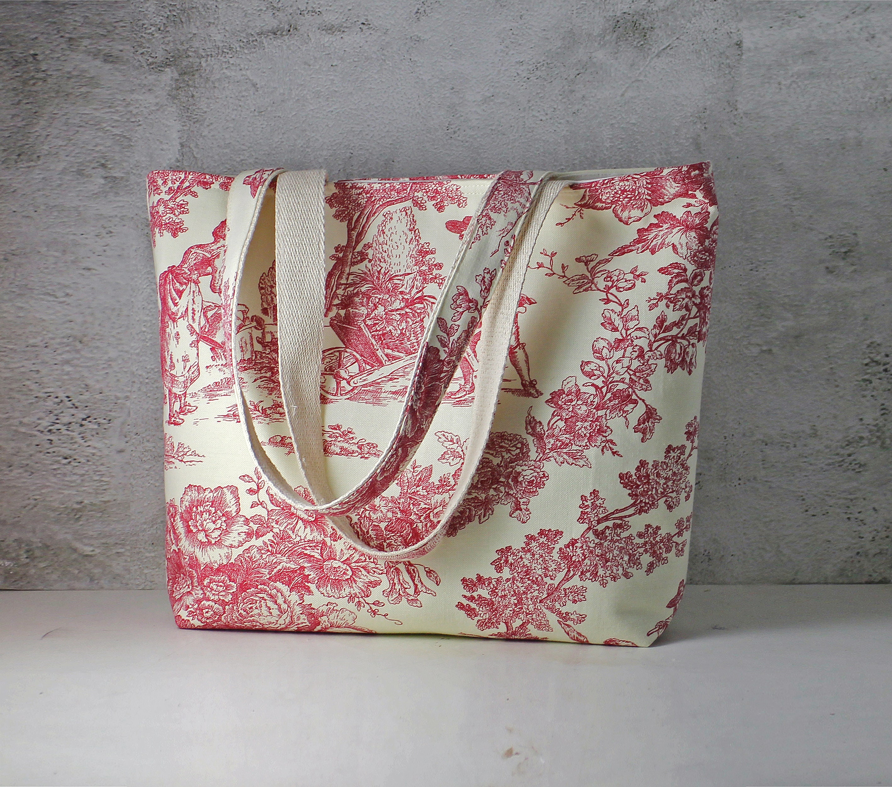 Toile Tote Bag Vintage New Fabric Crimson and Cream Toile Tote Bag Red ...
