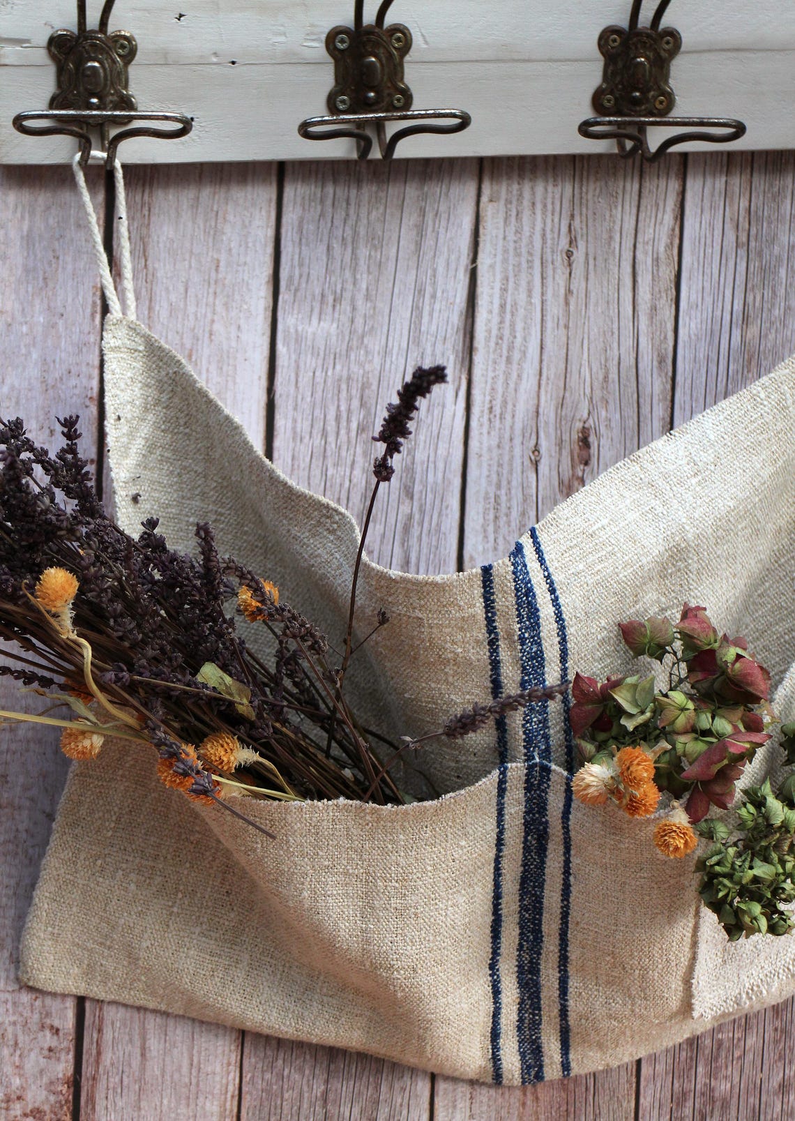 Vintage Grain Sack Wall Pocket: Blue Stripes, Rustic Farmhouse Decor - Etsy