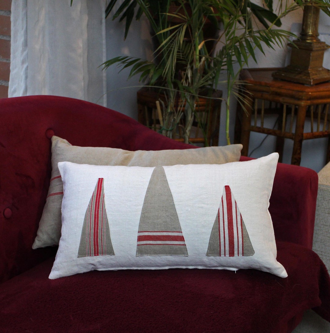 Linen Pillow Cushion With Trees - Upcycled White Linen Vintage Fabrics ...