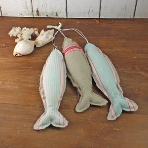 Antique Grain Sack Fishes - Set of 3 Vintage Fabric Fishes - Stuffed ...