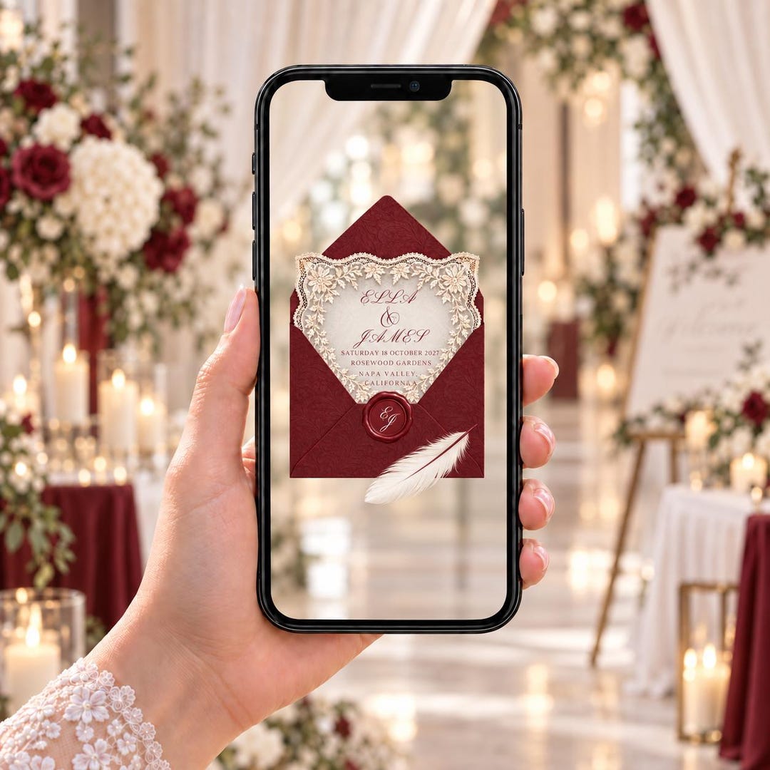 Burgundy Lace Wedding Website Canva Template, Interactive Envelope ...