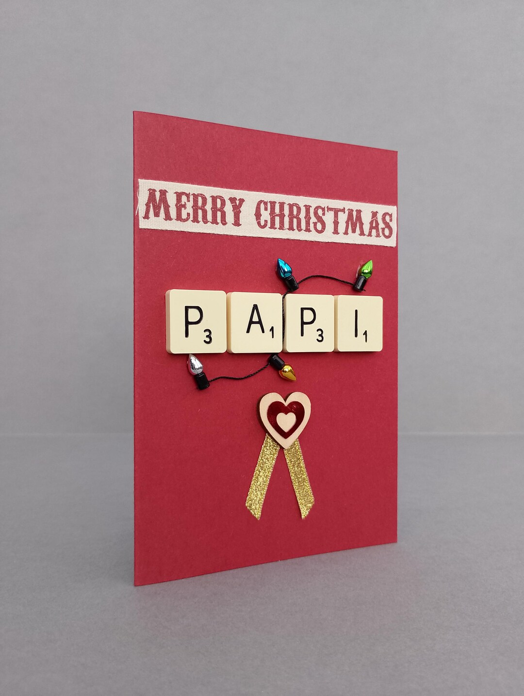 Merry Christmas PAPI Letter Tile Card With Heart and Mini Lights ...