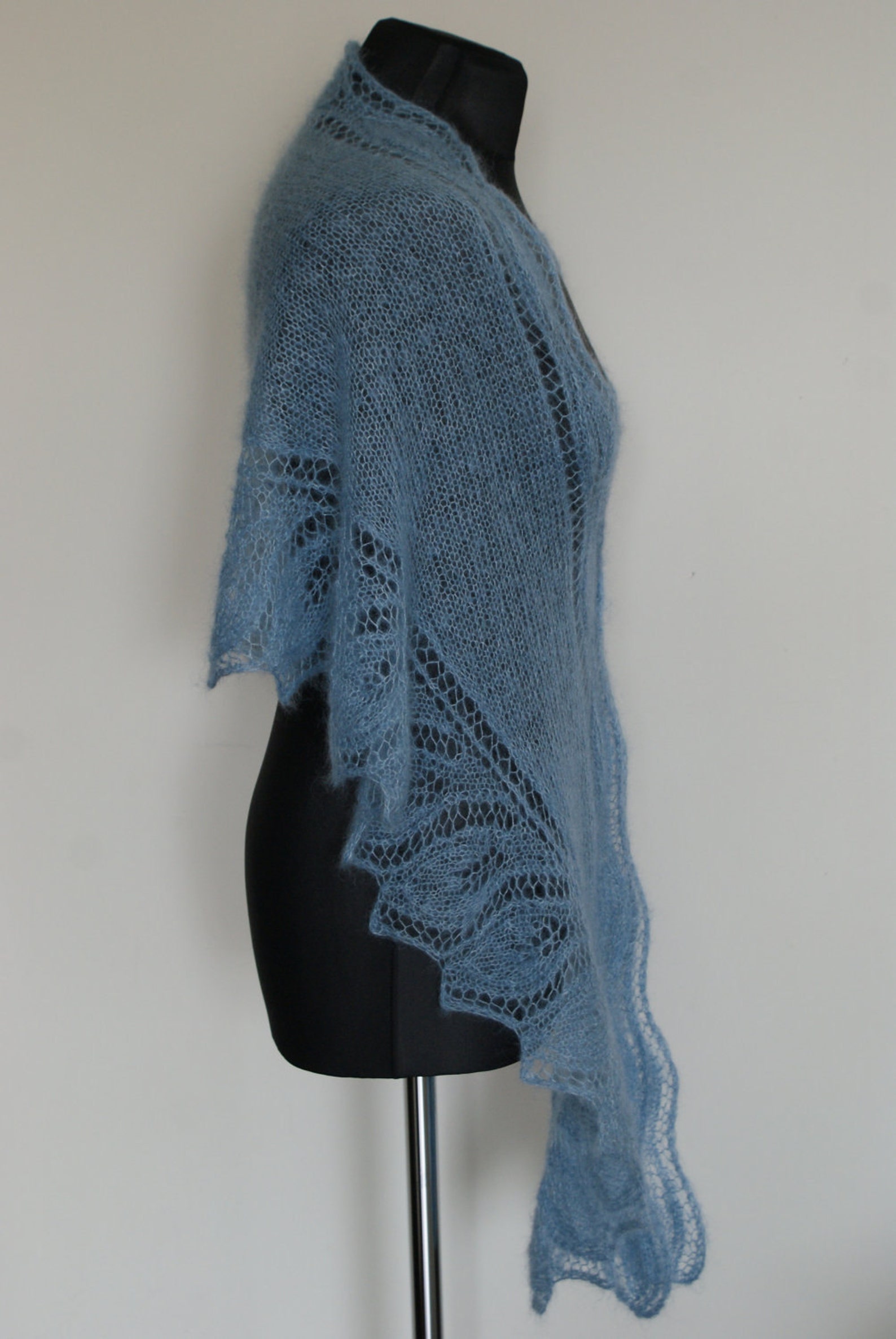 Hand Knitted Scarf Light Blue Kid Silk Lace Shawlette. Leafy Kid Silk ...