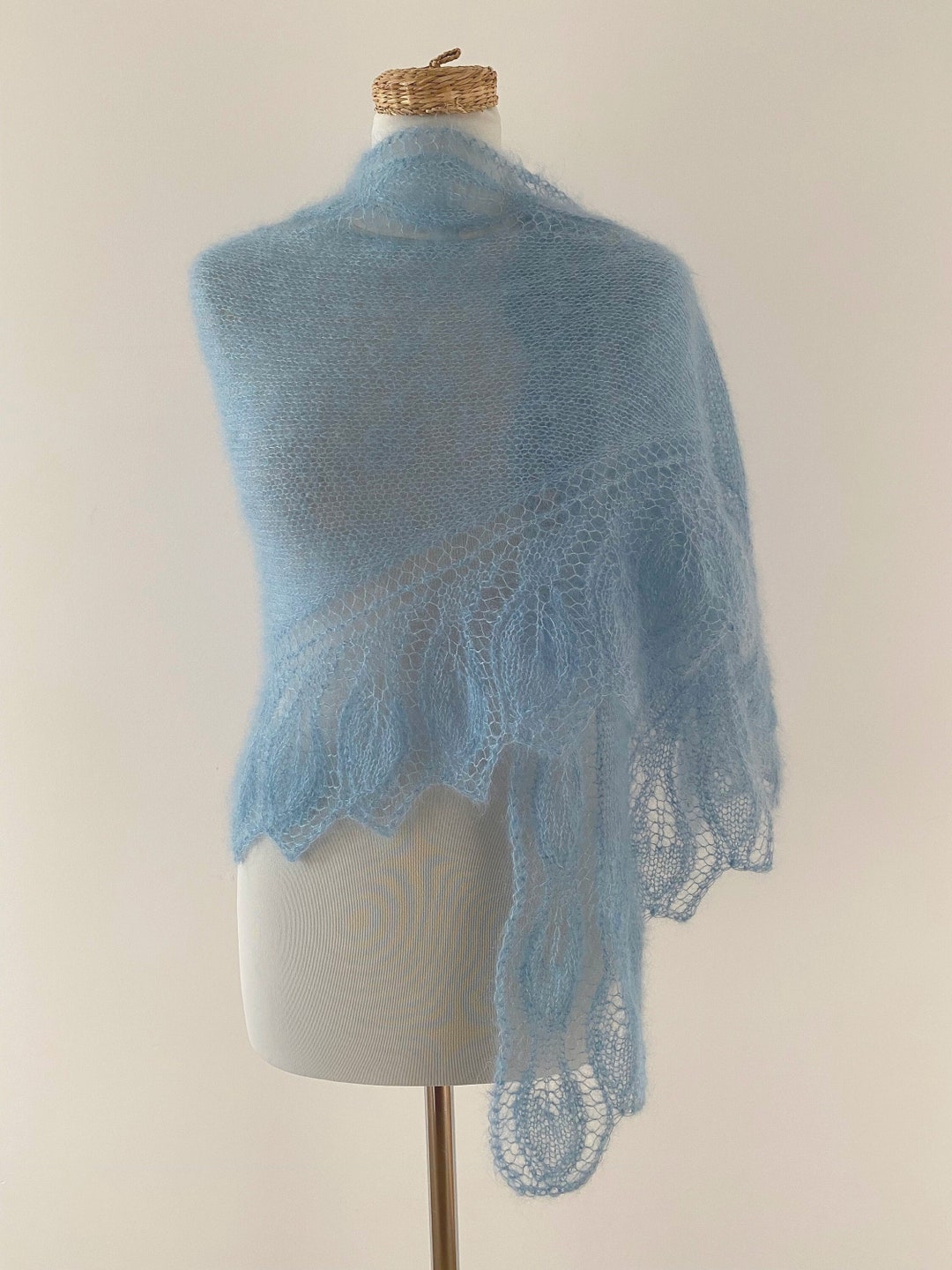 Hand Knitted Scarf Light Blue Kid Silk Lace Shawlette. Leafy Kid Silk ...
