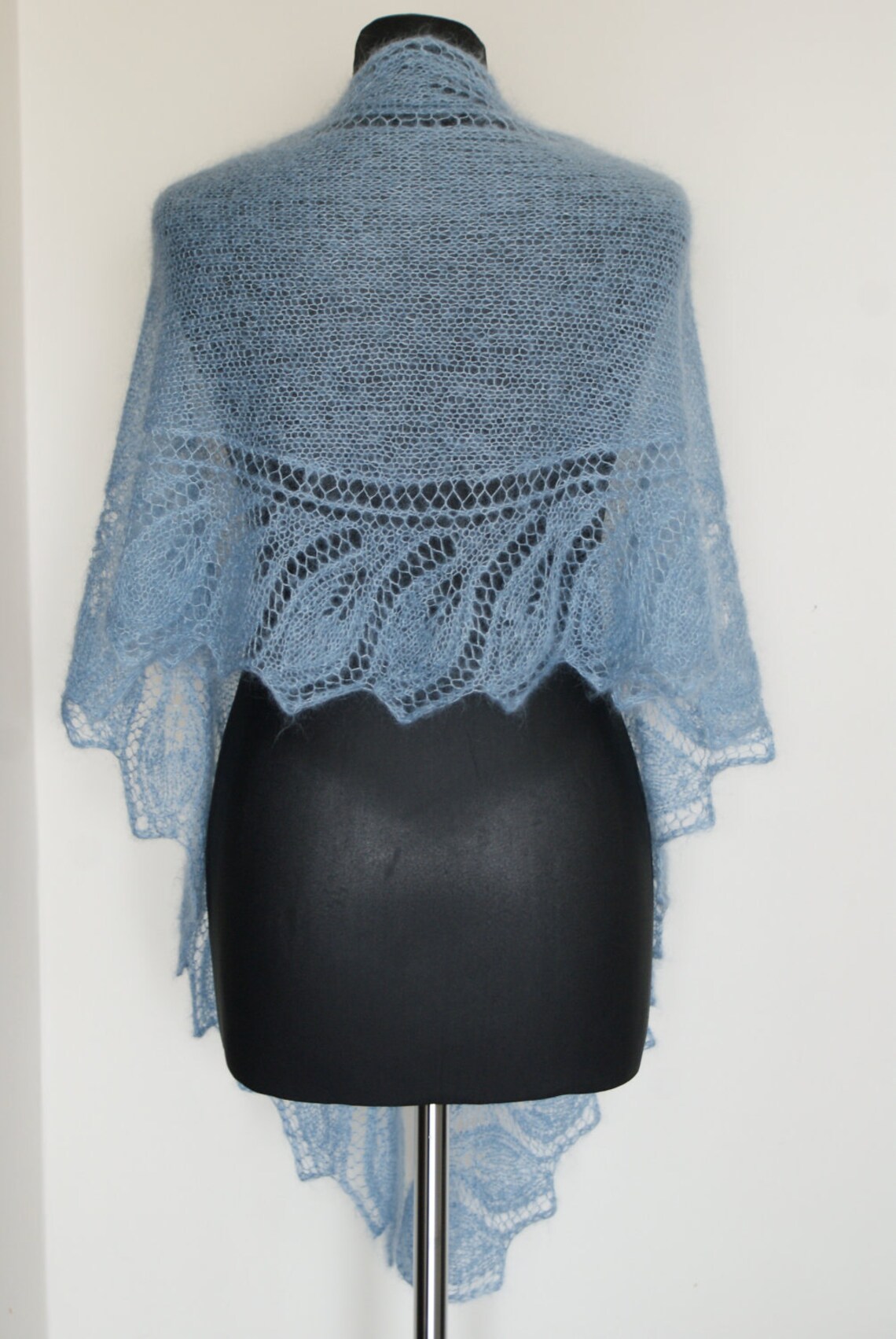 Hand Knitted Scarf Light Blue Kid Silk Lace Shawlette. Leafy Kid Silk ...