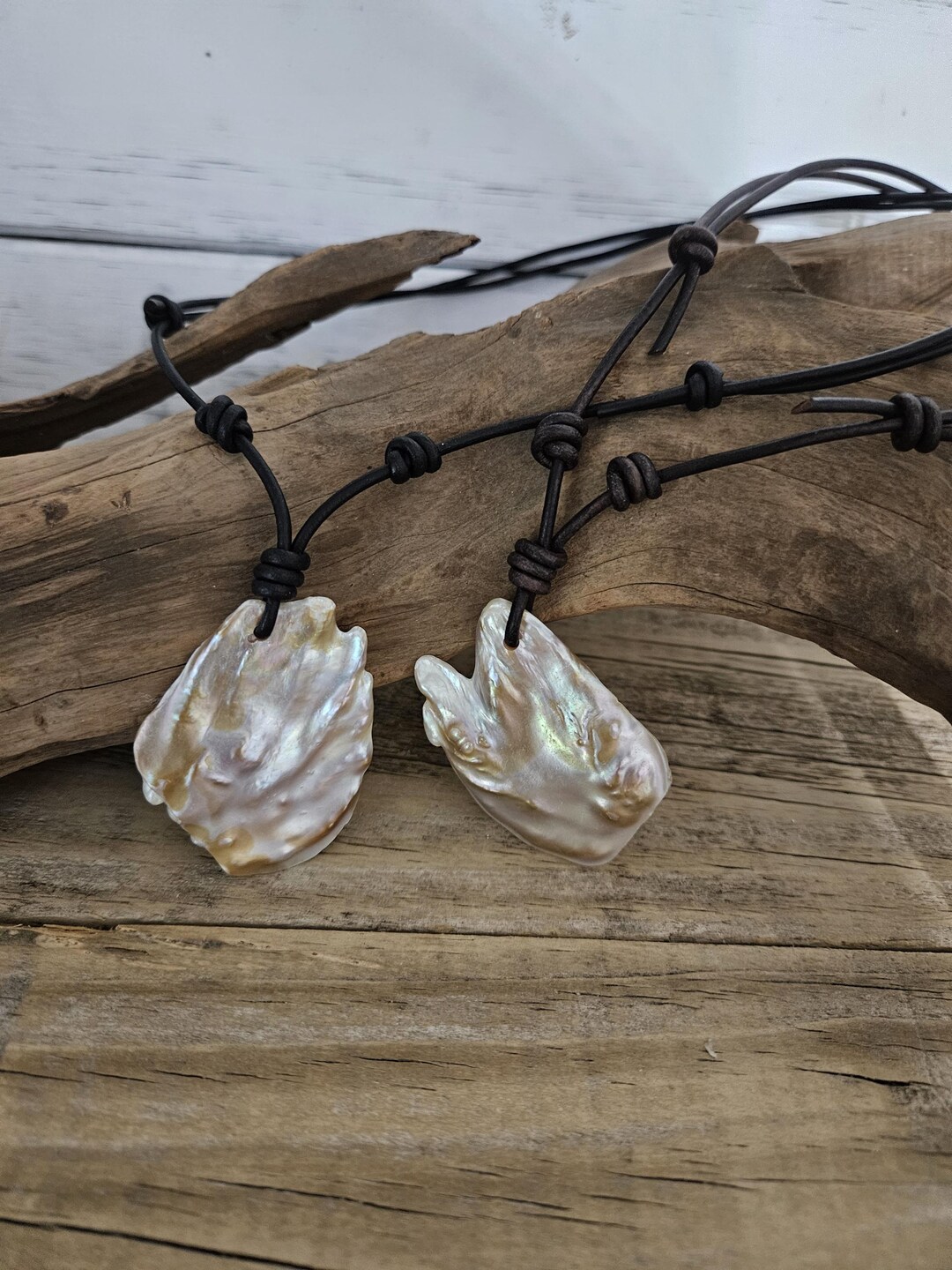 Boho Leather & Blister Pearl Angel Wing Necklace: Adjustable Hippie ...