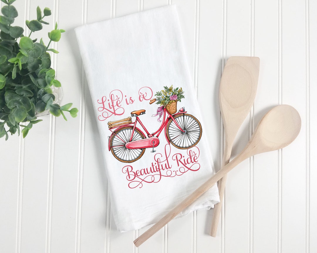 Pink Bicycle Flour Sack Towel, Bicycle Kitchen Towel, Floral Bike Dish ...