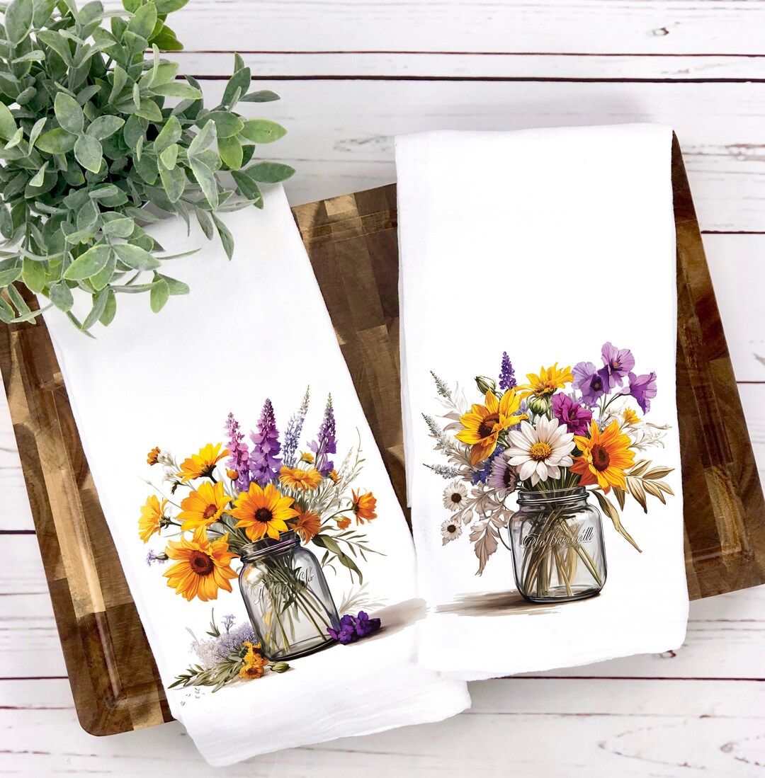 Vase of Flowers Kitchen Towel Set, Flower Tea Towel Set, Floral Hand ...