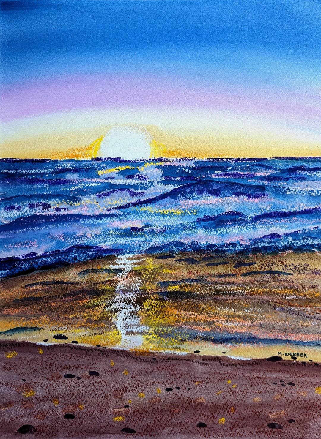 Original Art Watercolor Painting Sunset Seascape Landscape in Purple ...