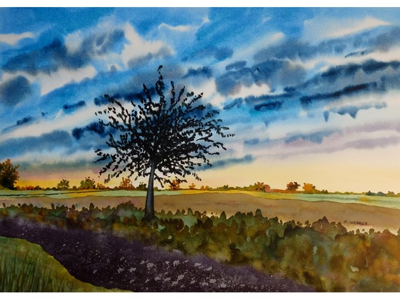 Original Watercolor Sunset Clouds Field Landscape - Etsy
