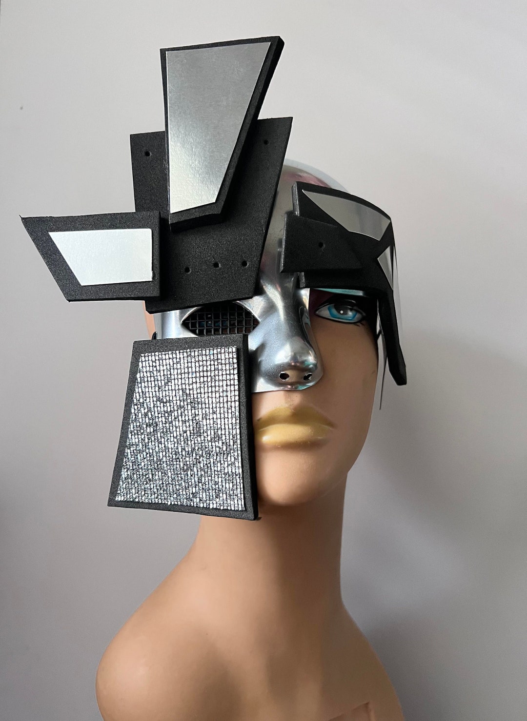 Gamma Meta-face Chrome Futuristic Droid Headgear Silver Robot Headpiece ...