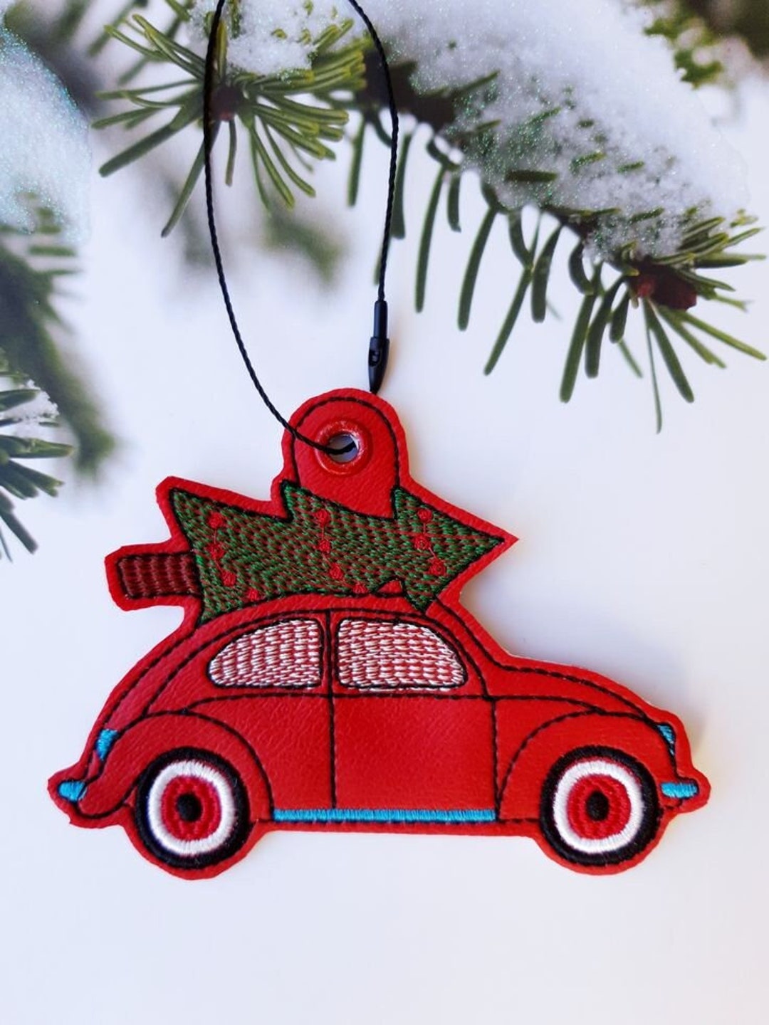 Red Bug Car With Tree Embroidered Christmas Ornament - Etsy