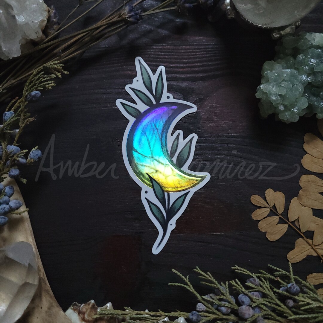 HOLOGRAPHIC Labradorite Crescent Moon With Fern STICKER by Amber ...