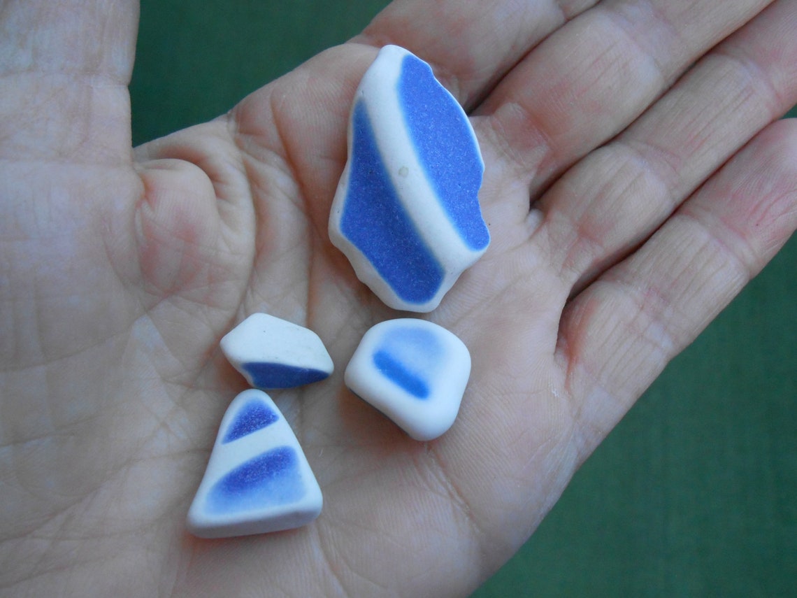 Sea Pottery White and Blue Shard Sea Pottery Striped Engraved | Etsy