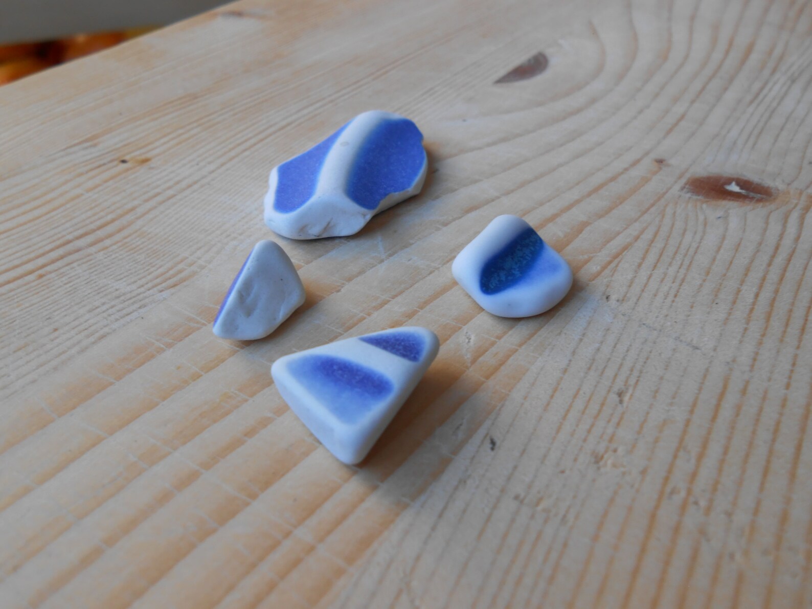 Sea Pottery White and Blue Shard Sea Pottery Striped Engraved | Etsy