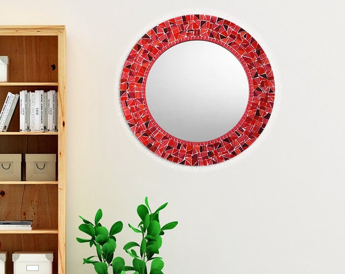 Red Mosaic Mirror, Round Mirror, Wall Mirror, Red Home Decor - Etsy