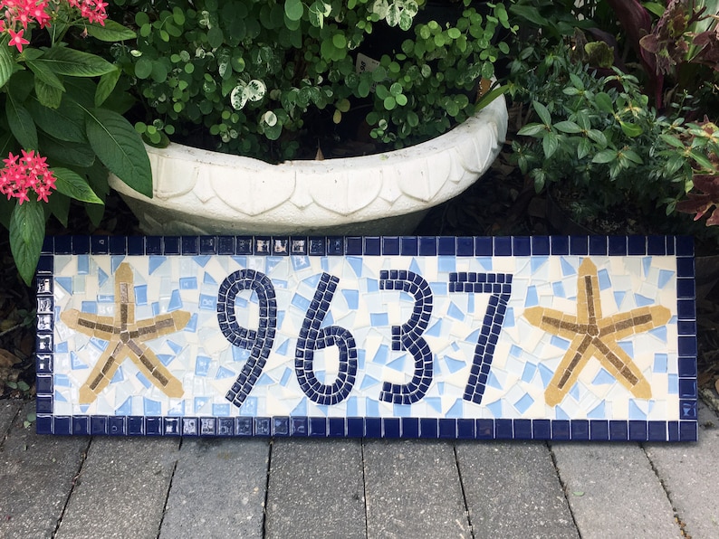 Blue Address Sign With Starfish Nautical House Number Plaque - Etsy