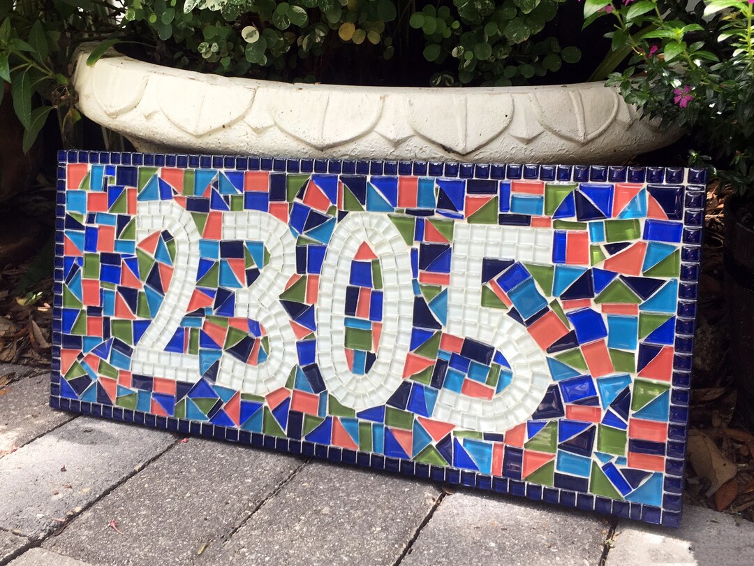 Colorful Address Plaque, Mosaic House Numbers - Navy, Coral, Green, Sky ...