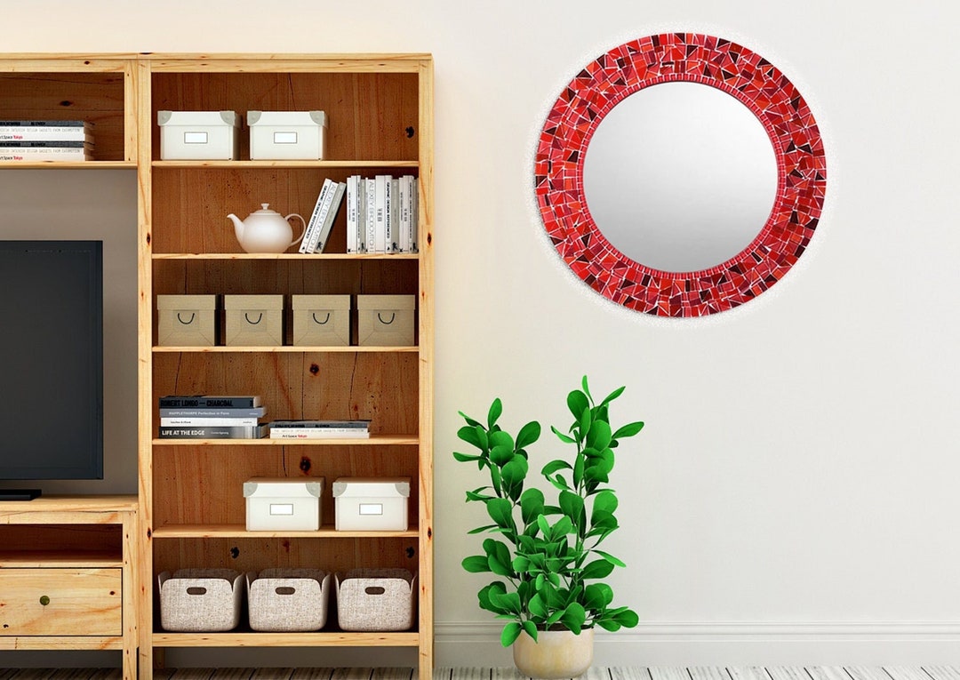 Red Mosaic Mirror, Round Mirror, Wall Mirror, Red Home Decor - Etsy