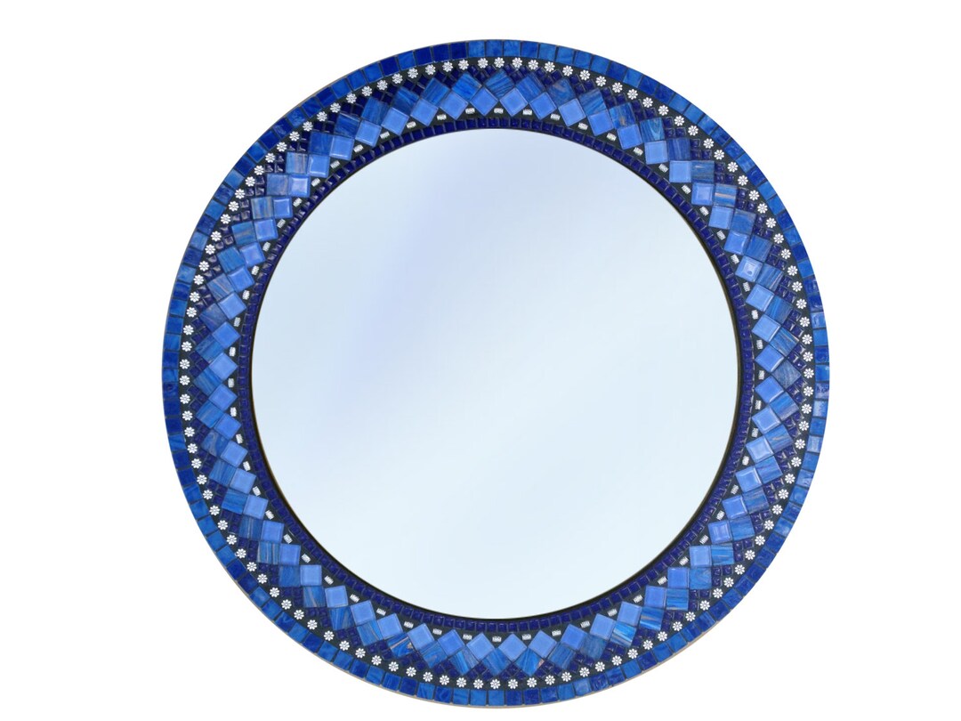 Blue Mosaic Mirror: Round Wall Decor With Silver Beads - Etsy