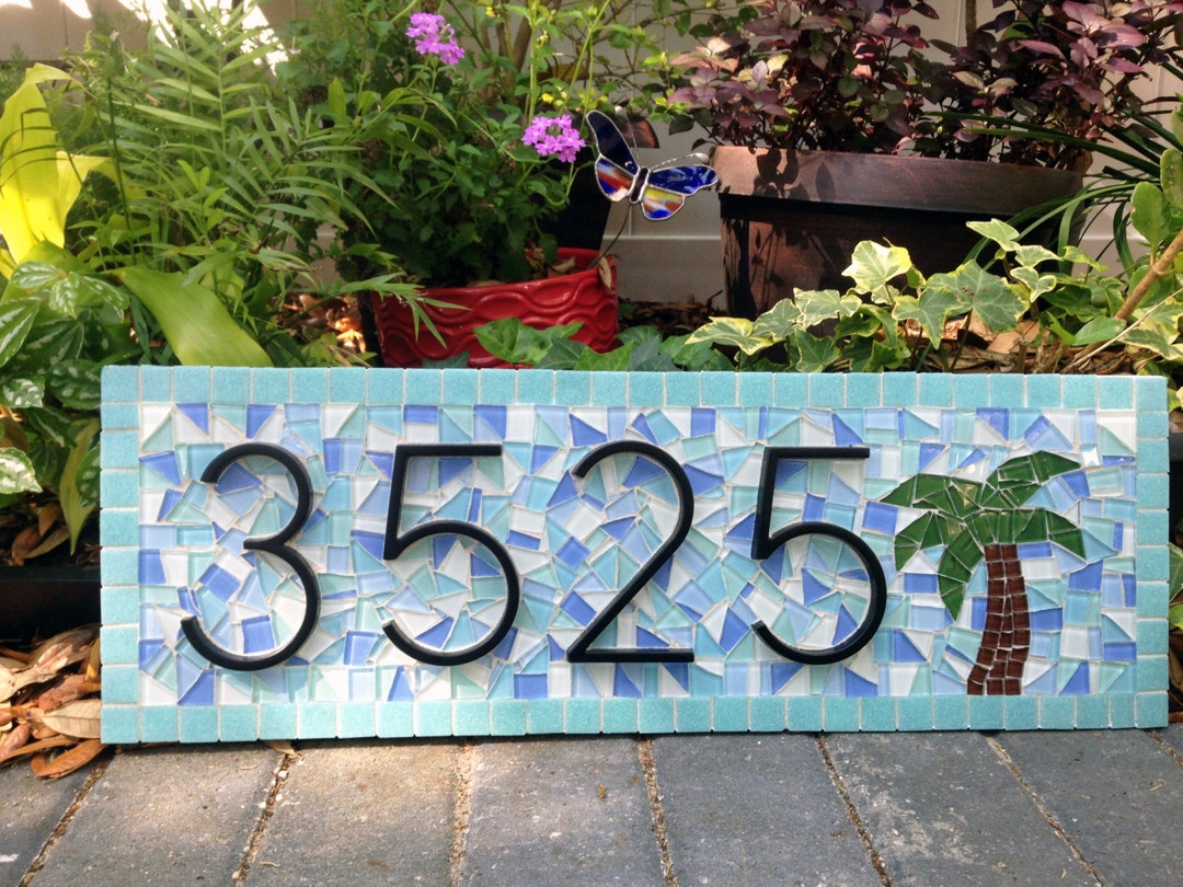 Beach House Address Sign -- House Number Plaque -- Palm Tree -- Mosaic ...