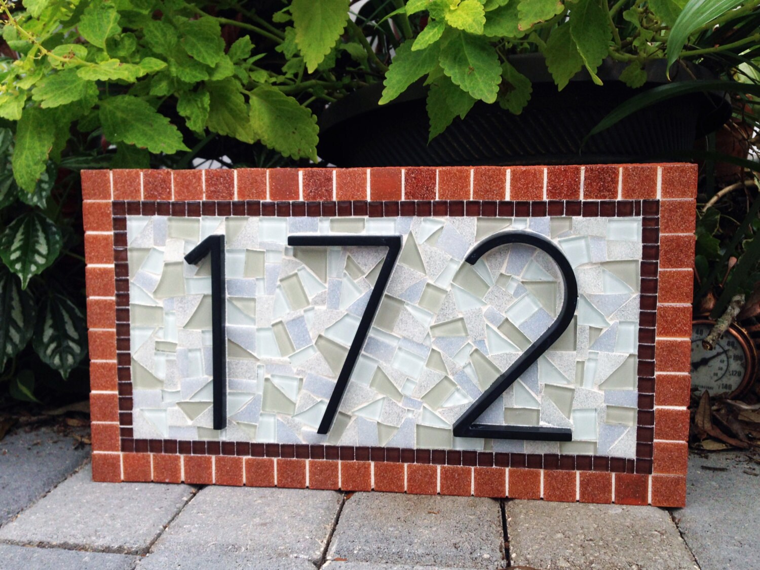 Mosaic Address Sign Brick and White Black Metal Numbers - Etsy