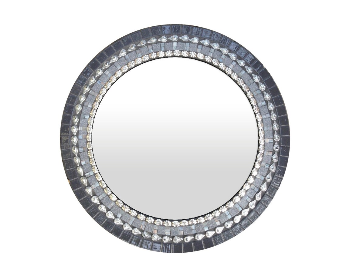 Round Mosaic Mirror in Gray Silver Black // Modern Wall | Etsy