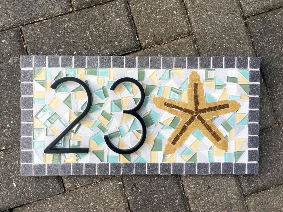 Mosaic House Number Plaque / Beach House Address Sign / Black Metal ...