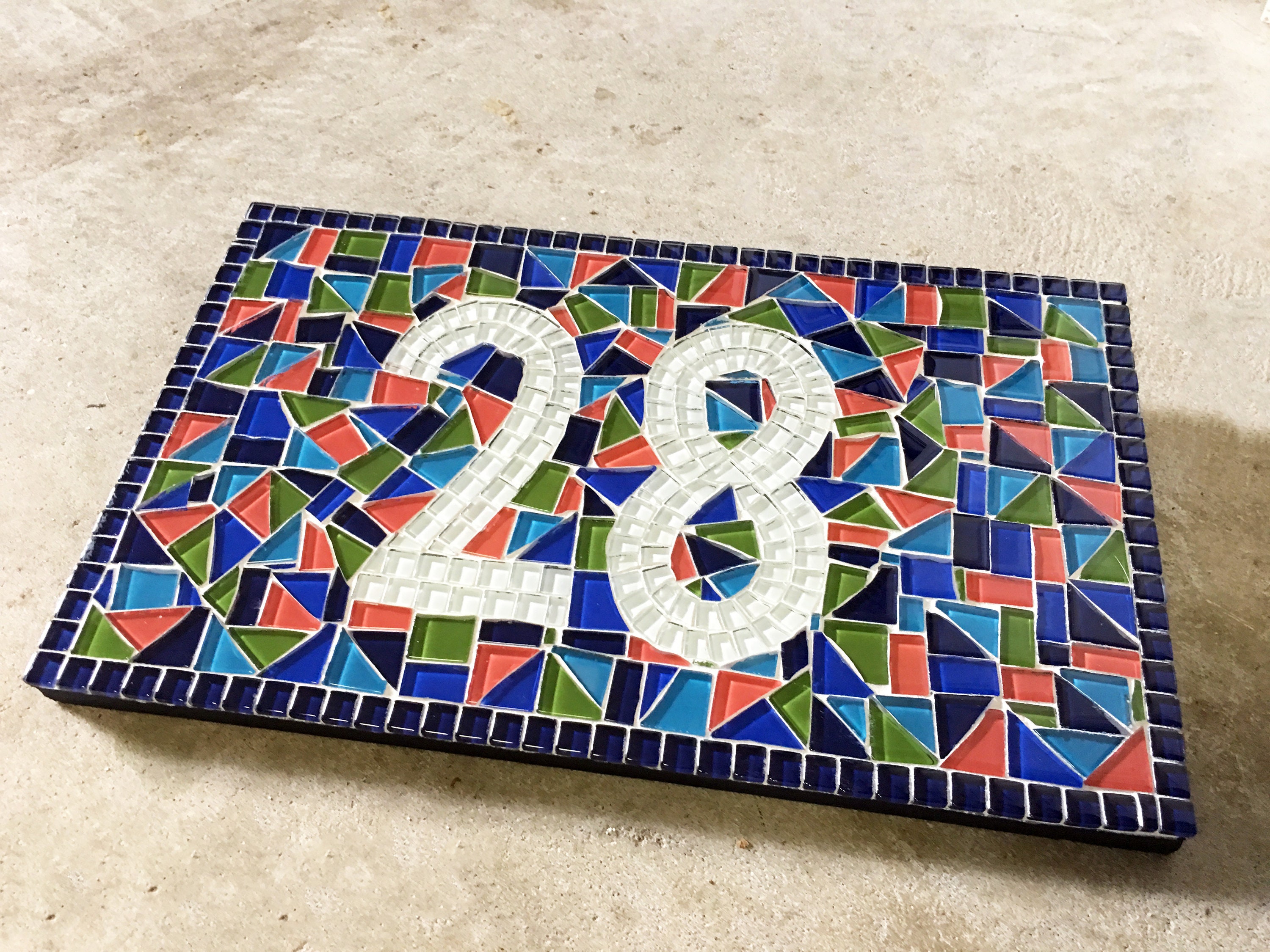 Colorful Address Plaque, Mosaic House Numbers - Navy, Coral, Green, Sky ...