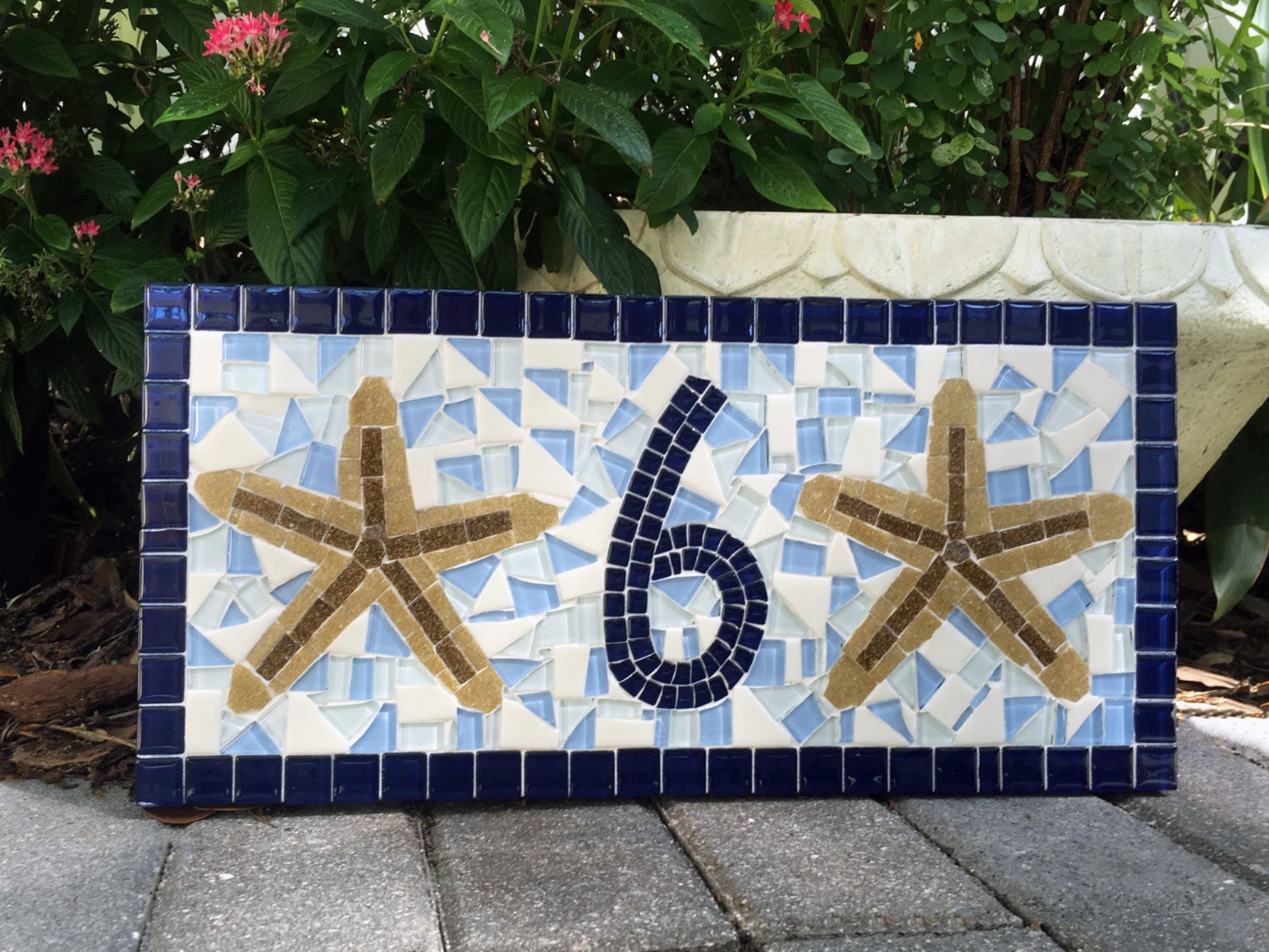 Blue Address Sign with Starfish Nautical House Number Plaque | Etsy