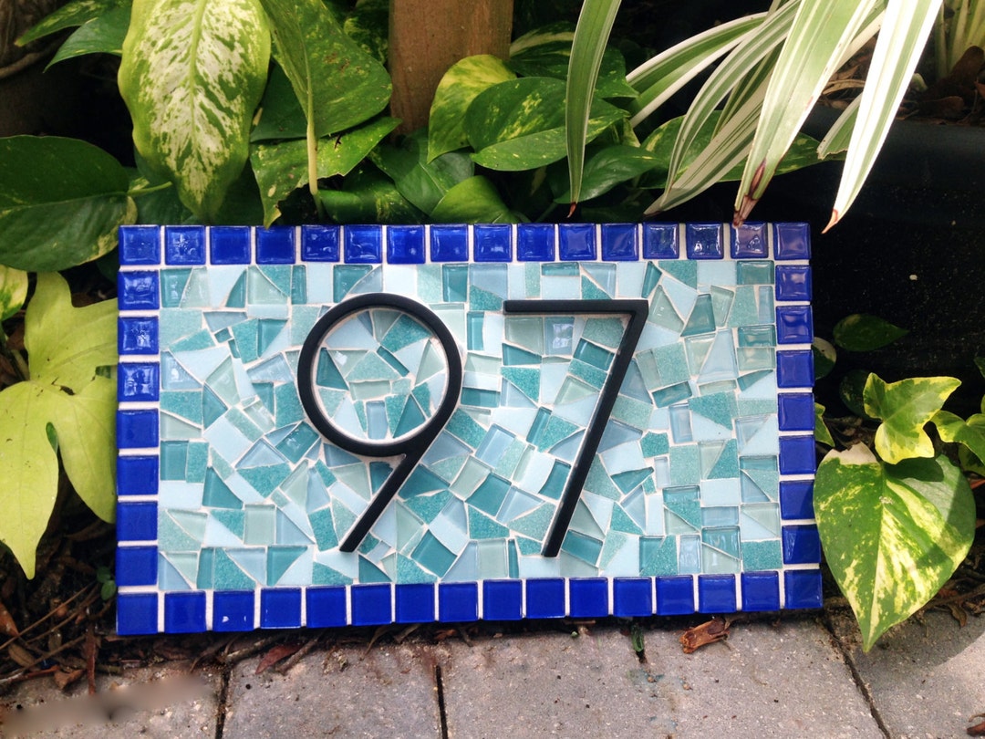 Aqua and Blue Address Sign - Mosaic House Number Sign - Outdoor Plaque ...