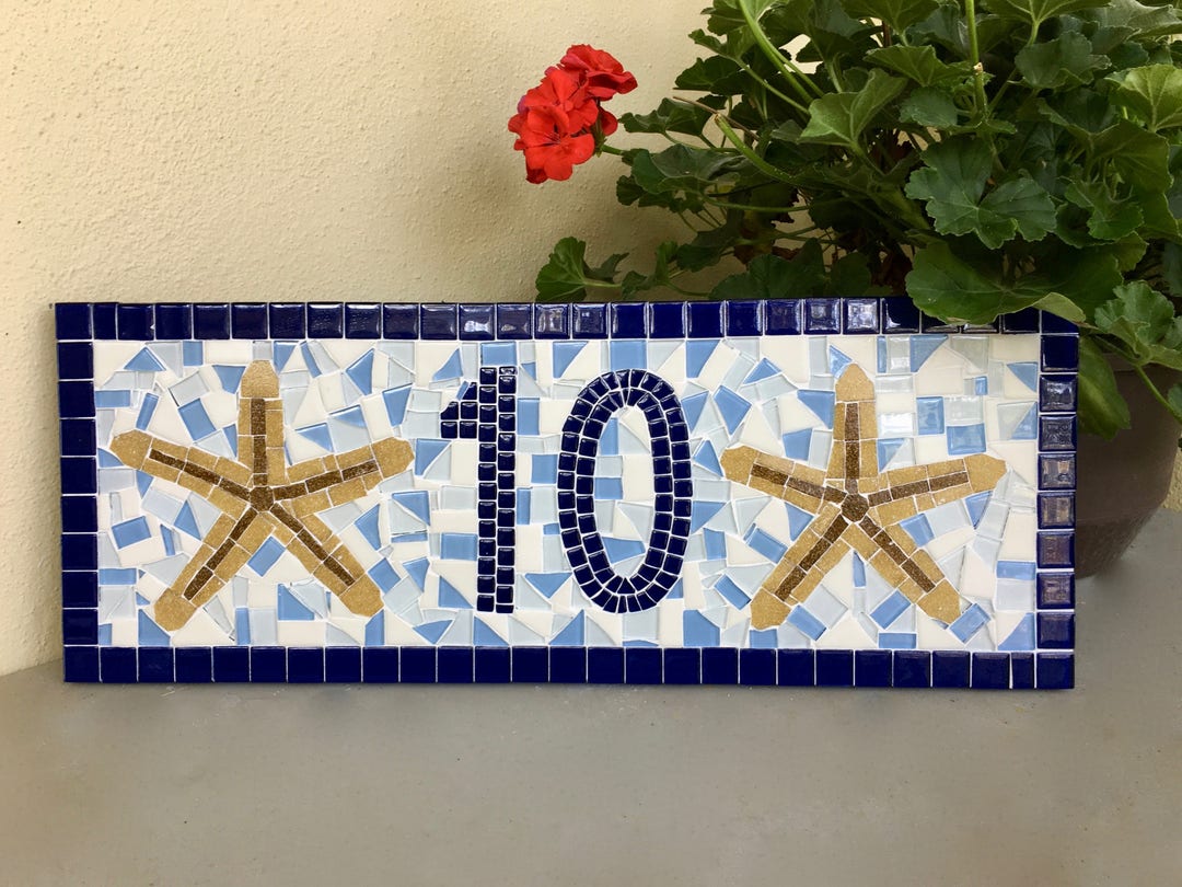 Blue Address Sign With Starfish, Nautical House Number Plaque, Beach ...
