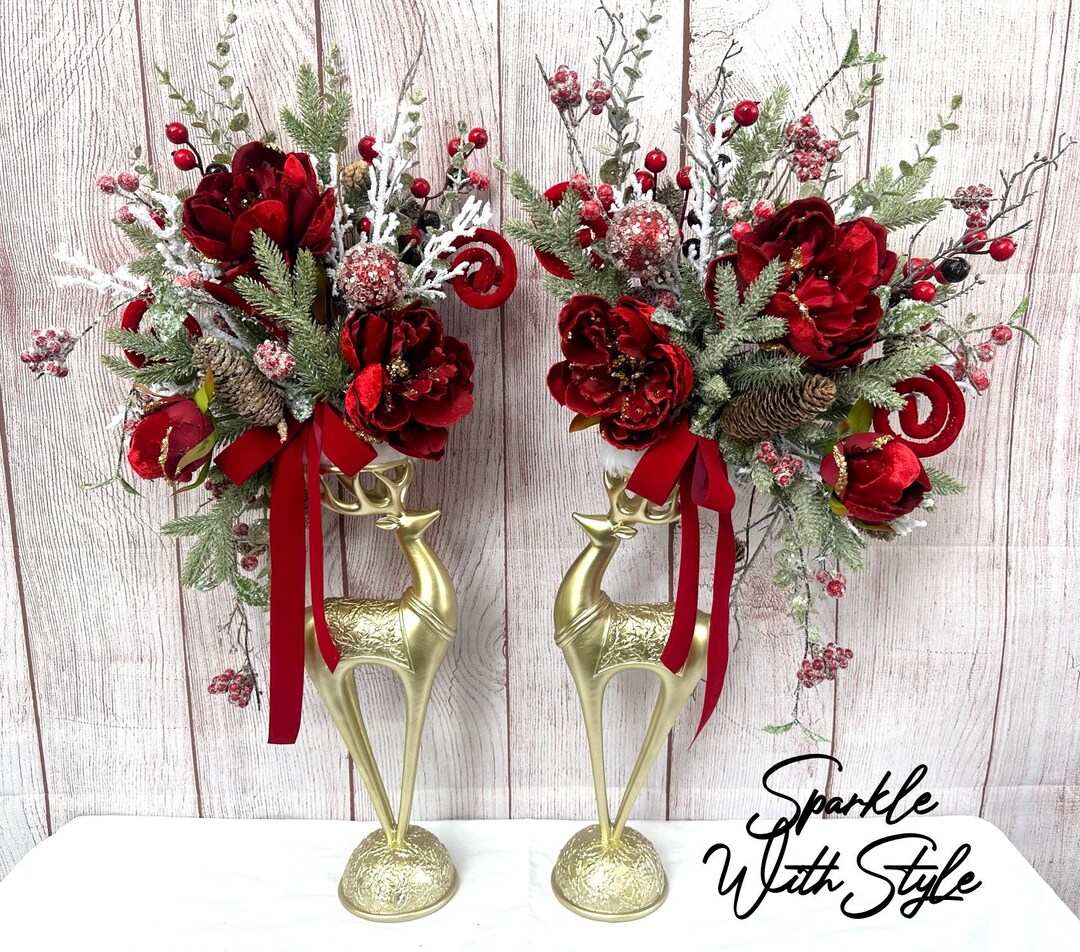 Set of 2 - LARGE Reindeer Christmas Arrangement - Christmas Decor ...