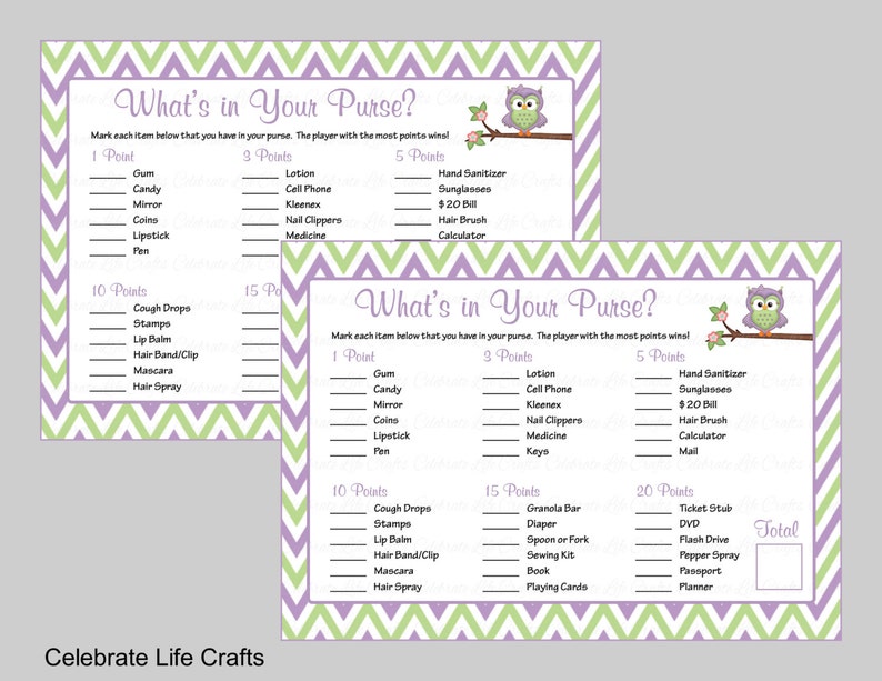 What's in Your Purse Baby Shower Game Printable Owl Baby - Etsy