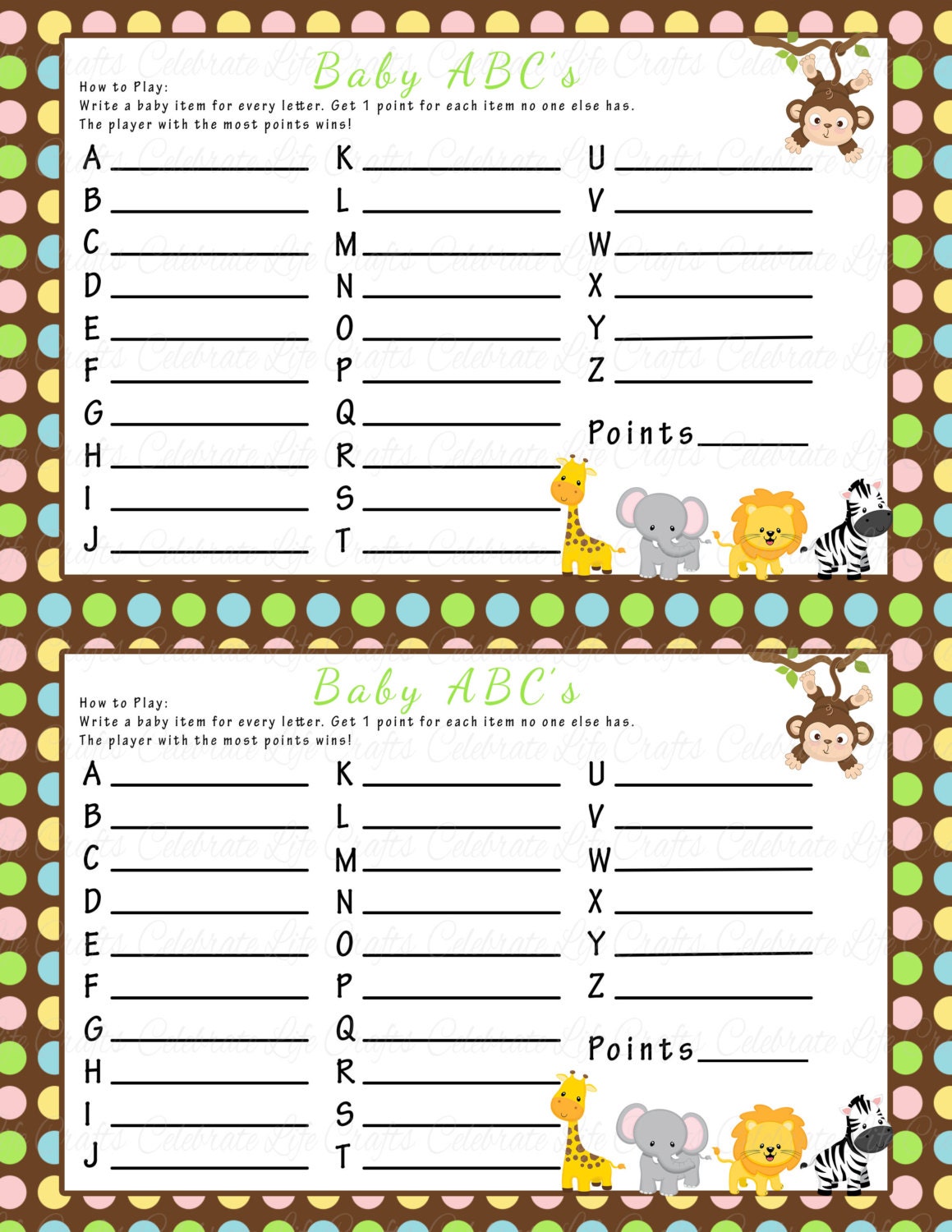 Baby Shower Baby ABC Game Printable Baby Shower Games Jungle Animals ...