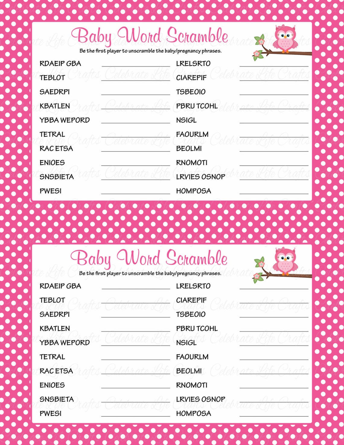 Baby Shower Word Scramble Game Printable Baby Shower Games Pink Polka ...