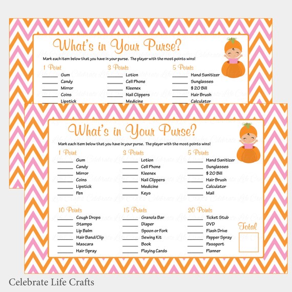 What's in Your Purse Baby Shower Game - Printable Little Pumpkin Baby ...