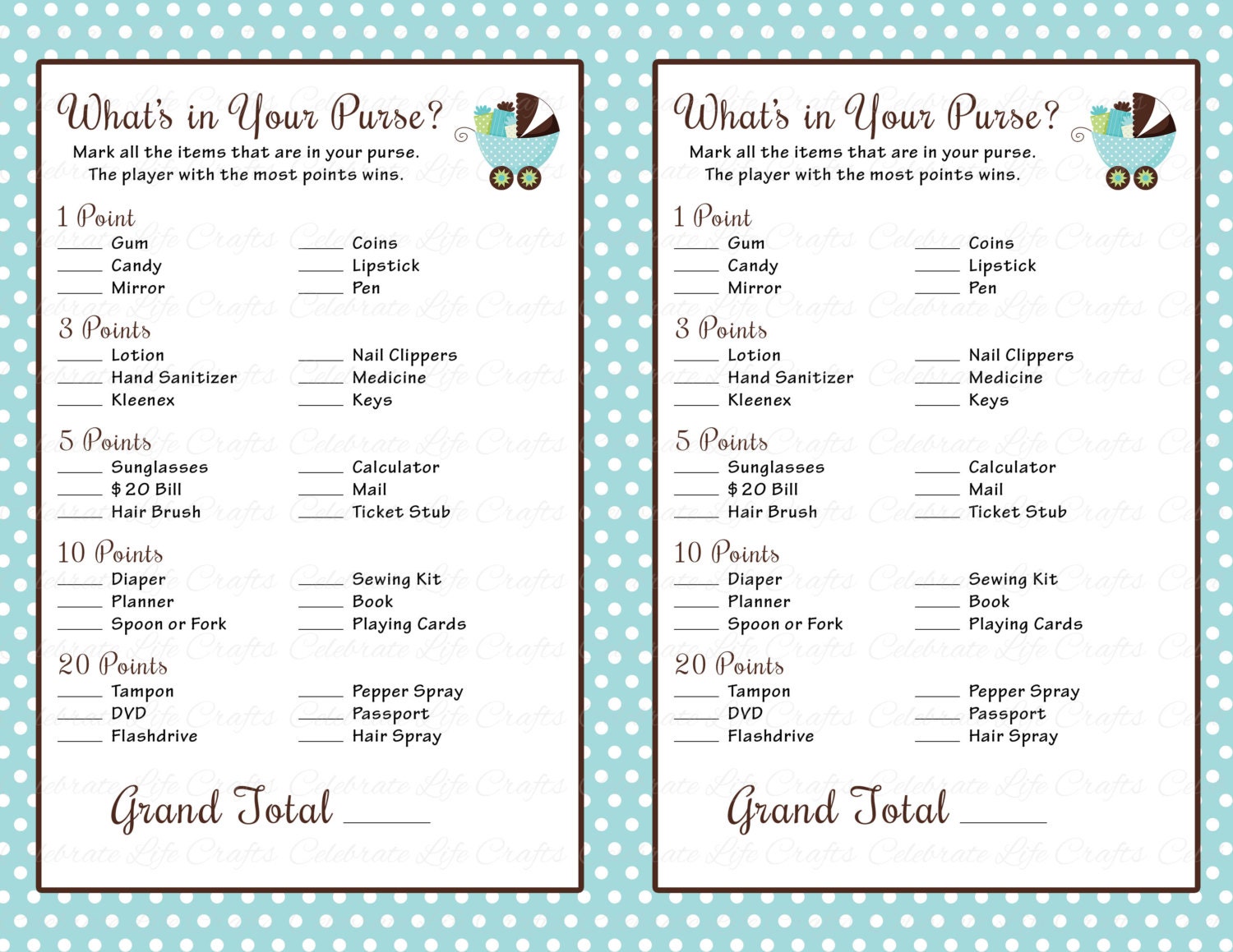 Baby Shower What's in Your Purse Game Printable Baby Shower Games Blue ...