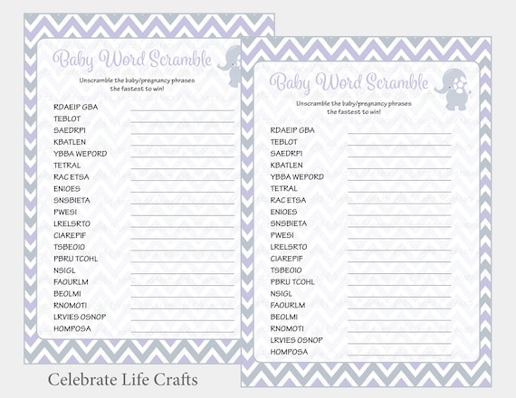 Elephant Baby Shower Game - Word Scramble Game - Printable Baby Shower ...