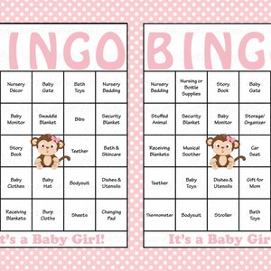 60 Monkey Baby Shower Bingo Cards Prefilled Bingo Card Girl Baby Shower ...
