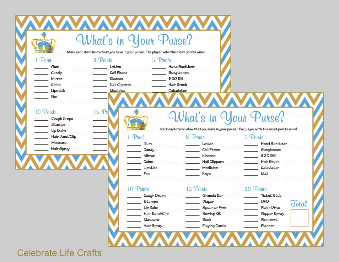 What's in Your Purse Baby Shower Game Printable Crown Baby Shower Games ...