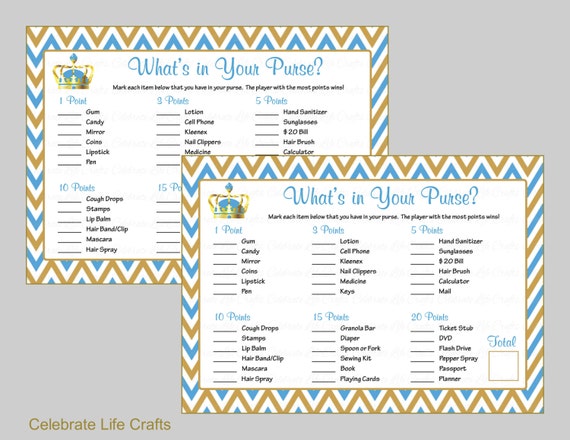 What's in Your Purse Baby Shower Game - Printable Crown Baby Shower ...